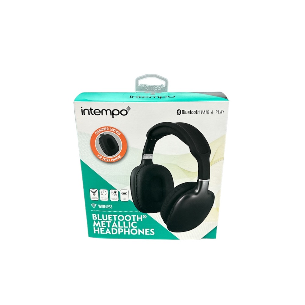 Pre-owned INTEMPO BLUETOOTH METALLIC OVER-EAR HEADPHONES (BLACK) - Own4Less